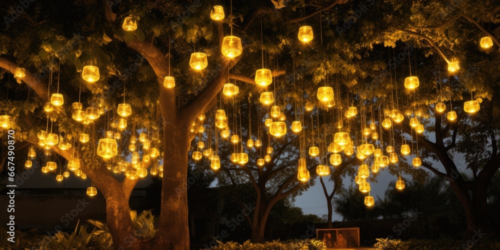 Hanging light bulbs, warm colors, hanging on a tree created with AI ...
