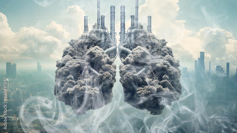 carbon footprint, smoke pollution of the atmosphere, pipes with smoke ...