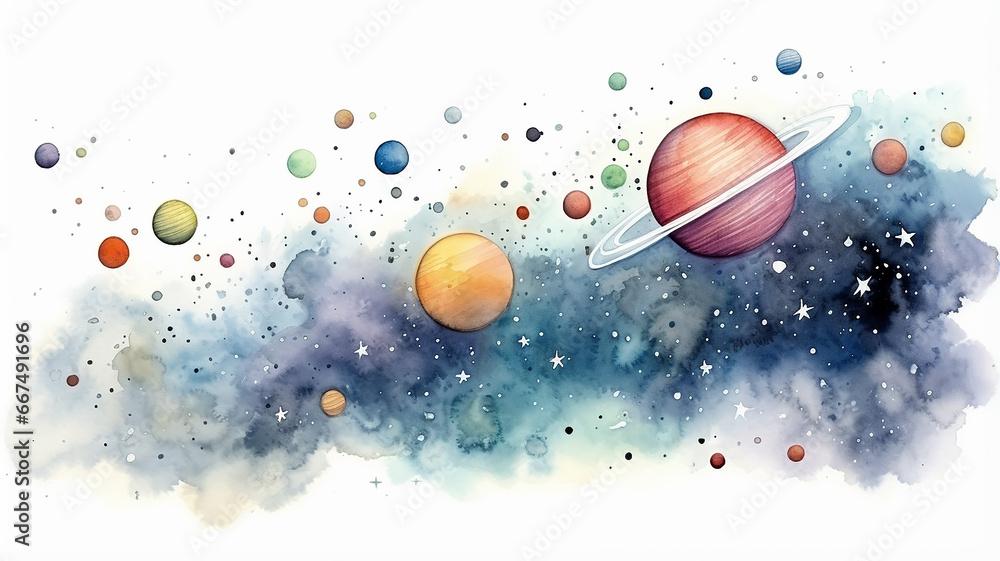 planets in space on a white background, watercolor drawing for children ...