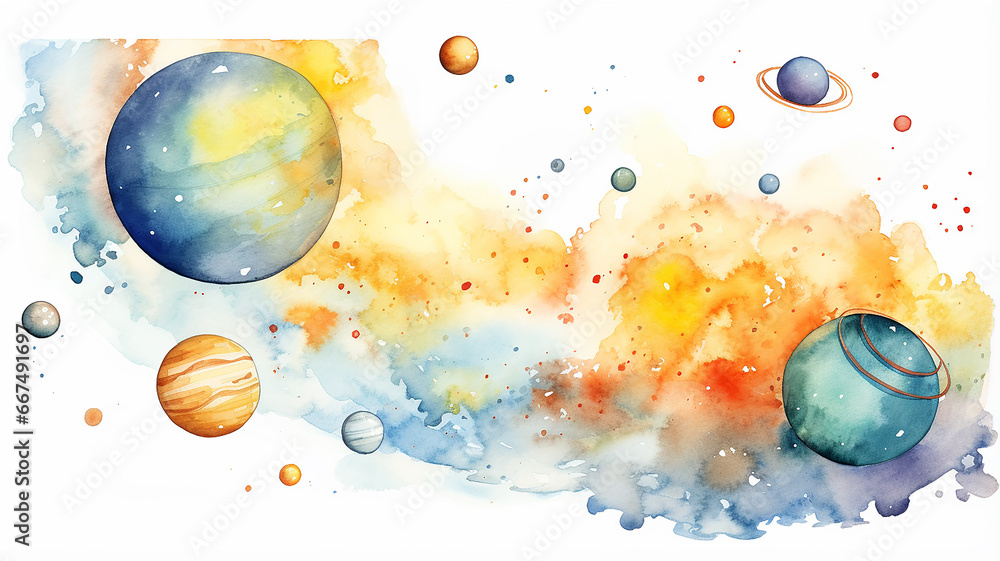 planets in space on a white background, watercolor drawing for children ...