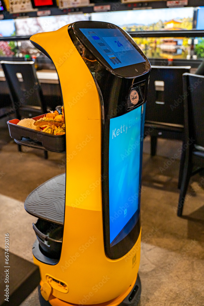 Food delivery robot Ketty Bot in a Japanese restaurant Hikari Stock ...