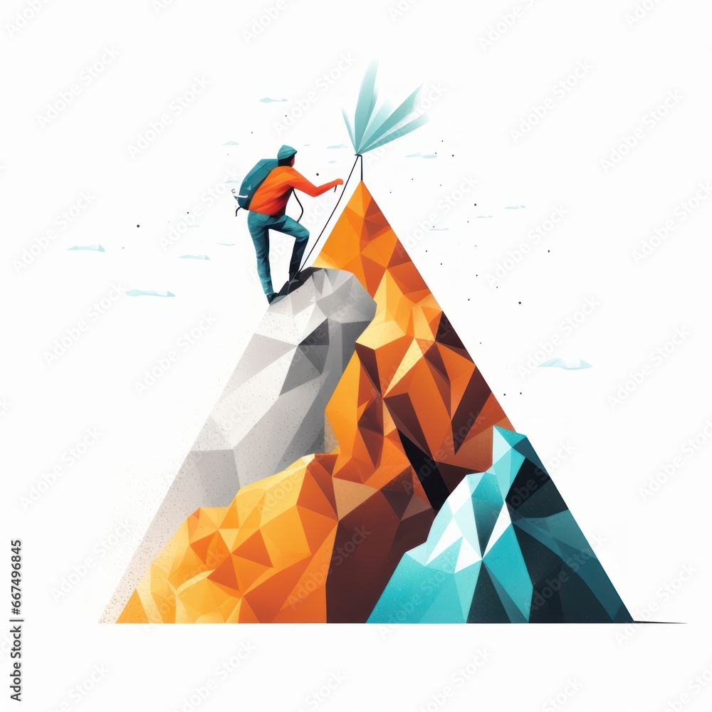 Cartoon depiction of a mountain climber reaching the top of a peak on ...