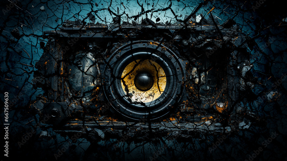 loud background music, cracks on the destroyed speaker from the ...