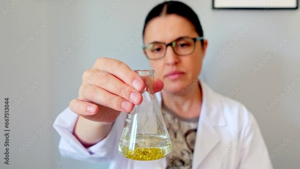 Female scientist shaking erlenmeyer flask with golden glitter sample ...