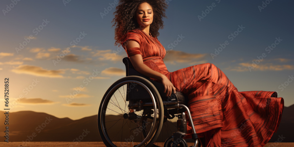 Beautiful black woman in a wheelchair, outdoors, stunning evening ...
