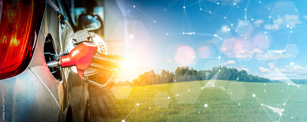 Gas station banner background. Pistol with gasoline and diesel fuel at ...