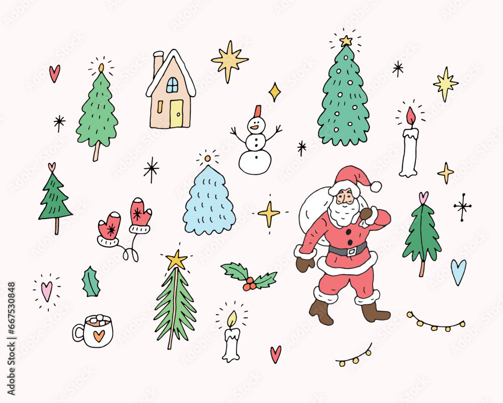 Christmas doodle set. Hand drawn illustrations. Vector set of line ...