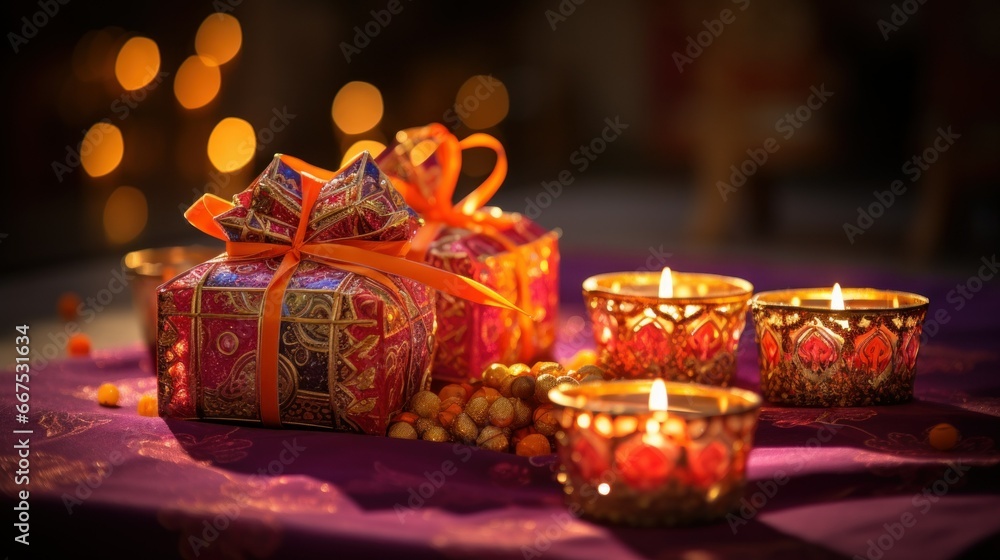 Diwali Deepavali, gift boxes and glowing candle lights. Happy Diwali ...