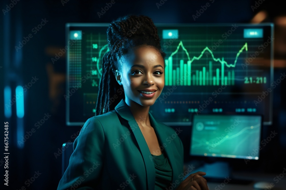 Black woman in business, smile in portrait and computer screen with ...