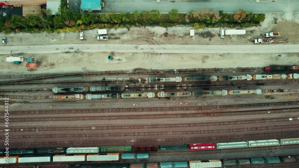 Top down aerial view of expansive railway systems, showcasing cargo and ...