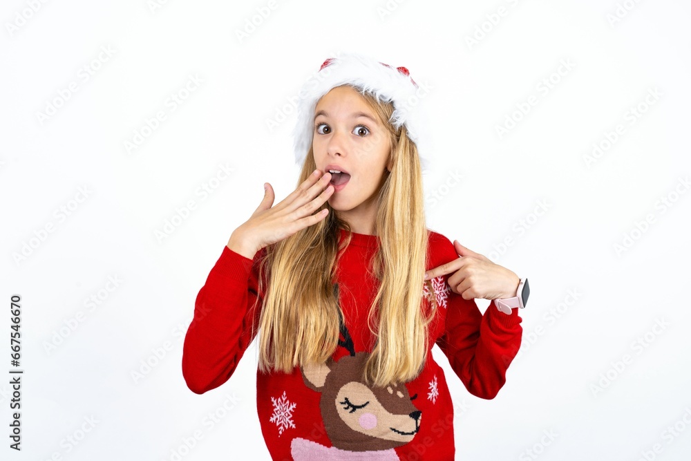 Shocked Beautiful girl wearing red knitted sweater look surprisedly ...