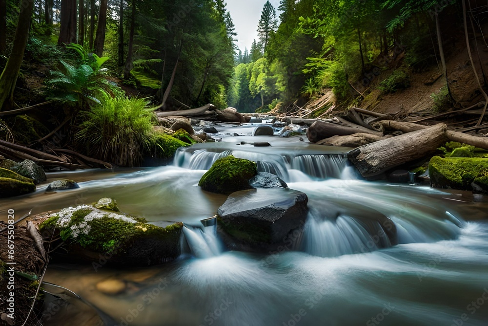 A close-up shot of a wilted and polluted river flowing through a forest ...