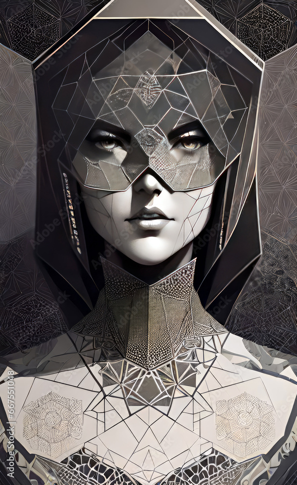 Portrait of a masked woman in costume on the theme of geometric shapes ...