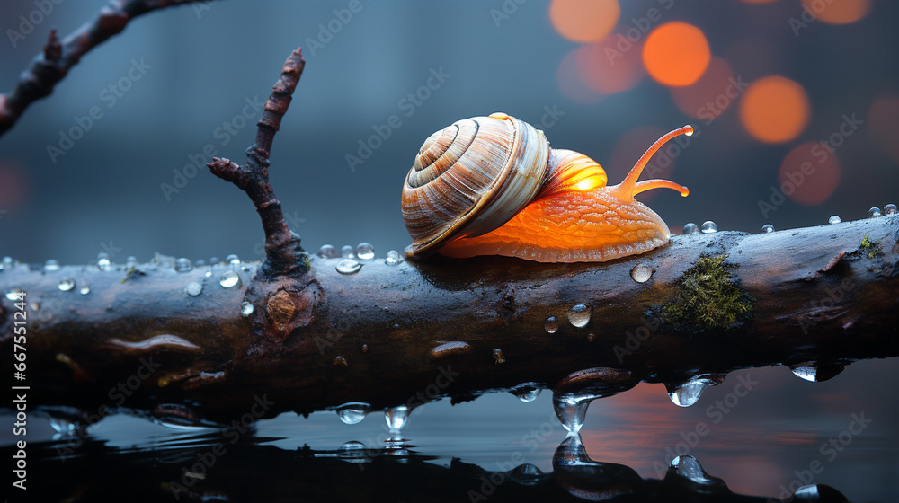 An elegant snail's shell standing out against the misty background of a ...
