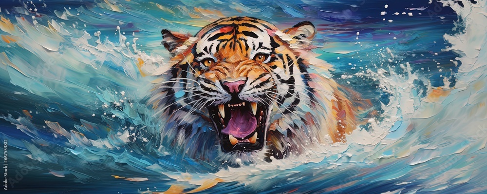 painting style illustration, big tiger walking in water with water ...
