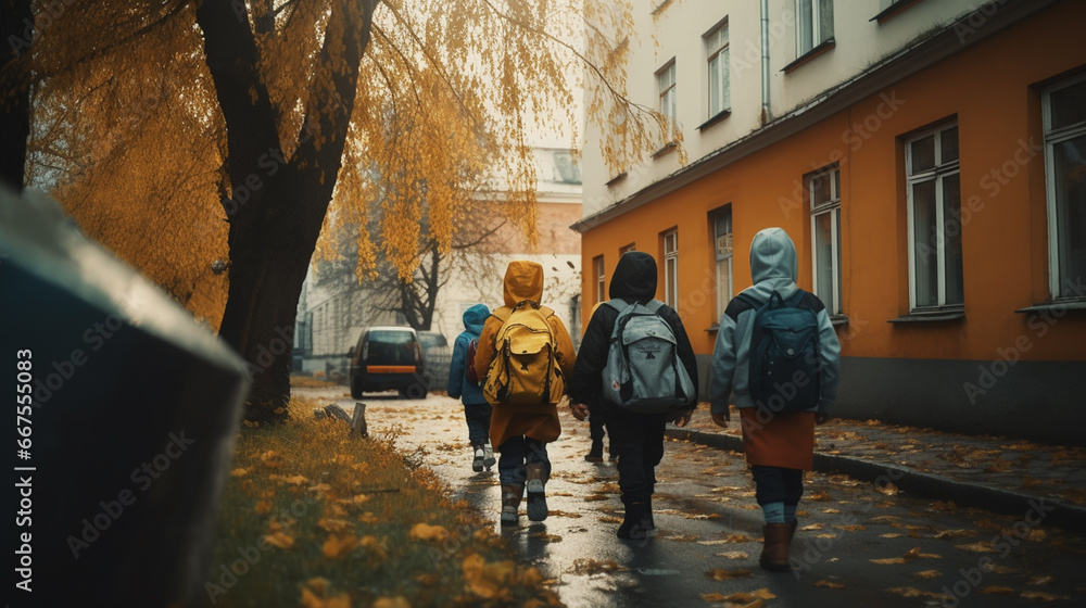 Little kids schoolchildren pupils students running hurrying to the ...