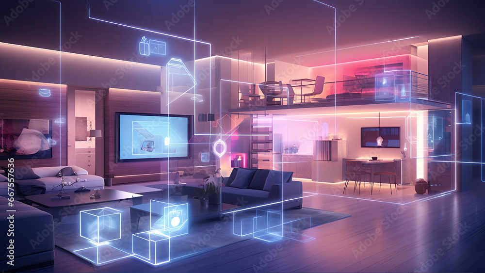 Concept Interior illustration of smart home with artificial ...