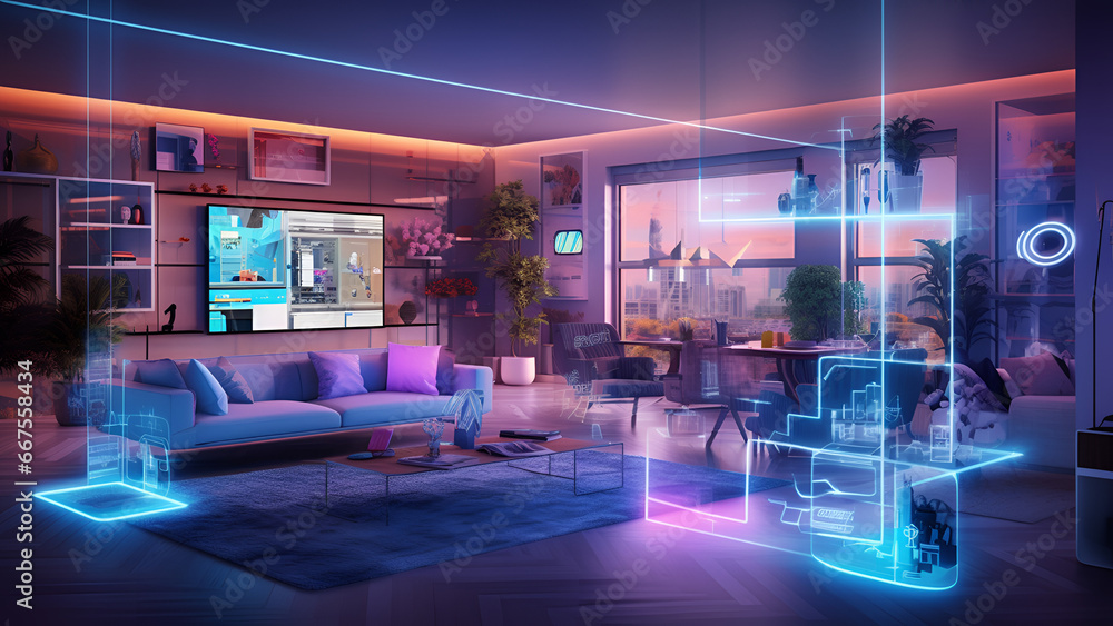 Concept Interior illustration of smart home with artificial ...
