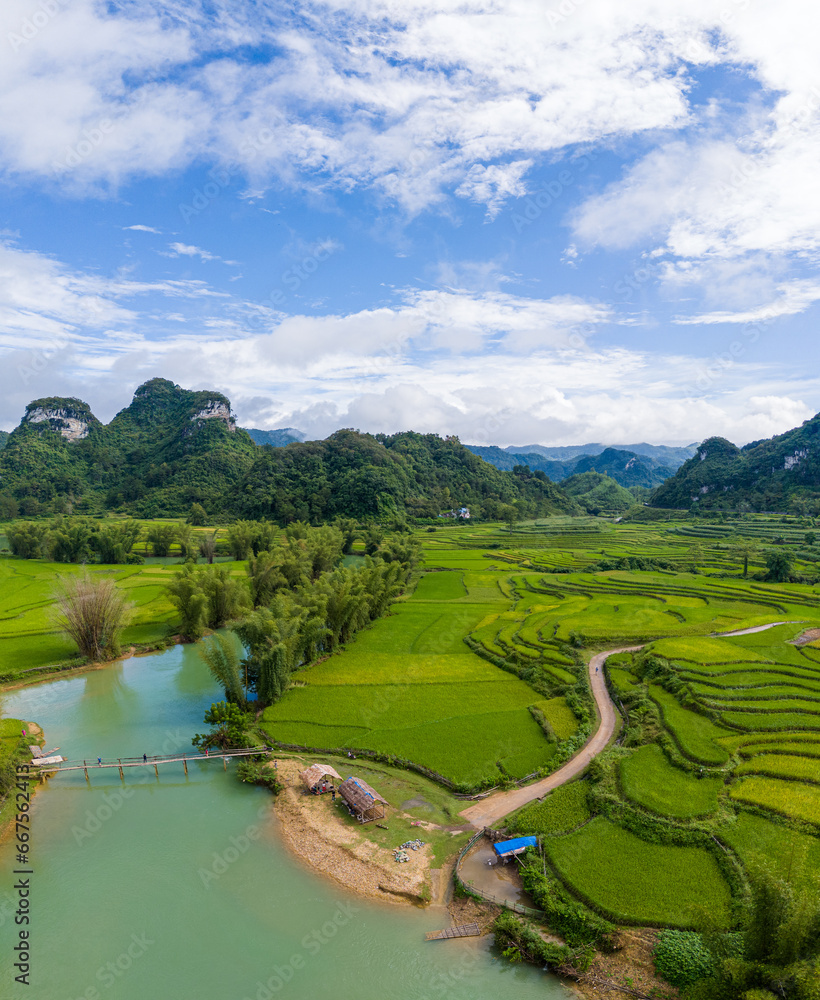 Aerial landscape in Quay Son river, Trung Khanh, Cao Bang, Vietnam with ...