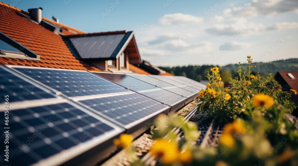 Production of renewable energy and solar roof top concept.Solar panels ...