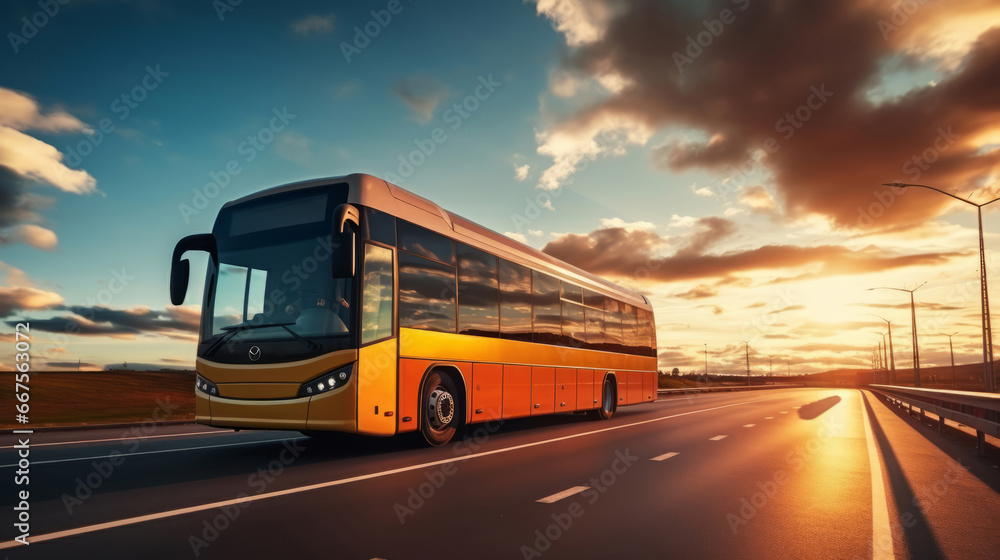 Tourist bus seen travelling through Countryside. Travel concept. Stock ...