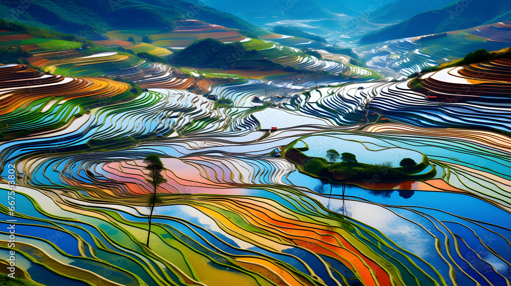 colorful Rice fields on terraced in Mu cang chai, Vietnam Rice field ...