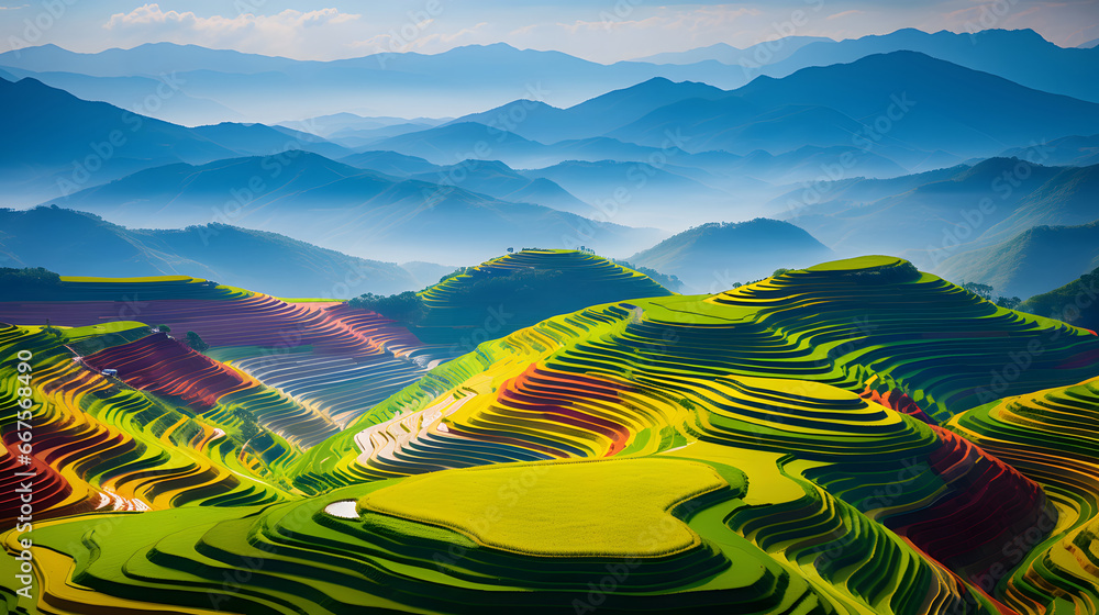 colorful Rice fields on terraced in Mu cang chai, Vietnam Rice field ...