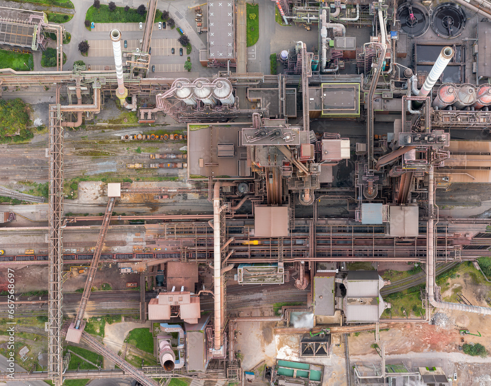 Steel factory from above. Aerial perspective of a section of a steel ...