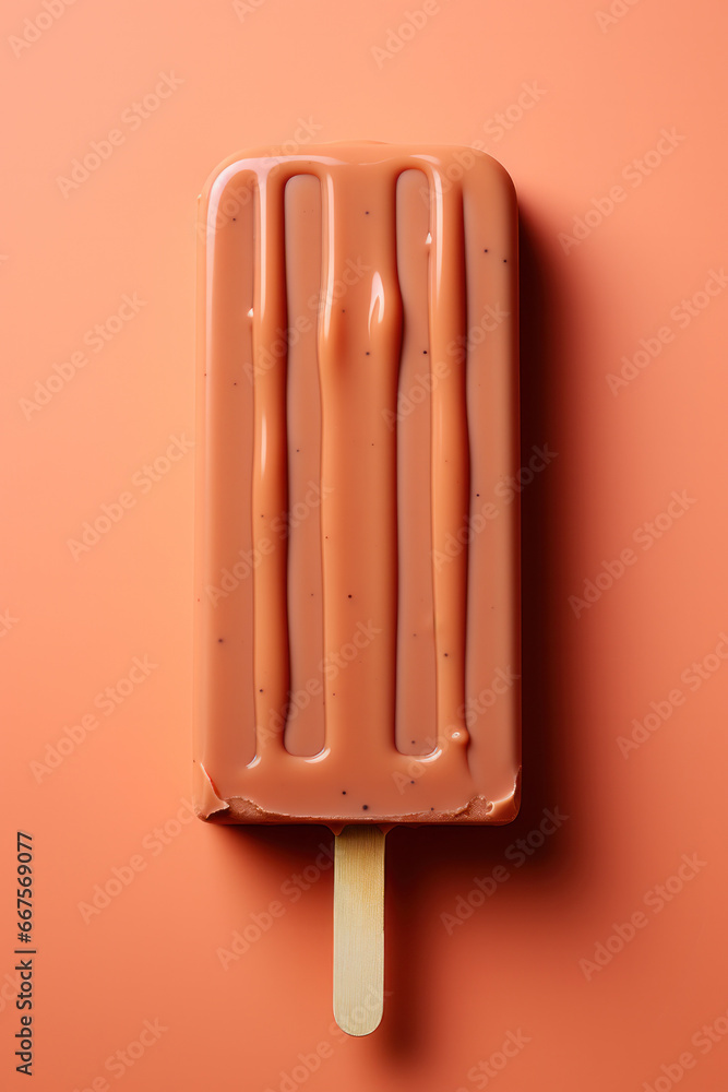 Minimal simple flat chocolate block ice cream bar on a peach background ...