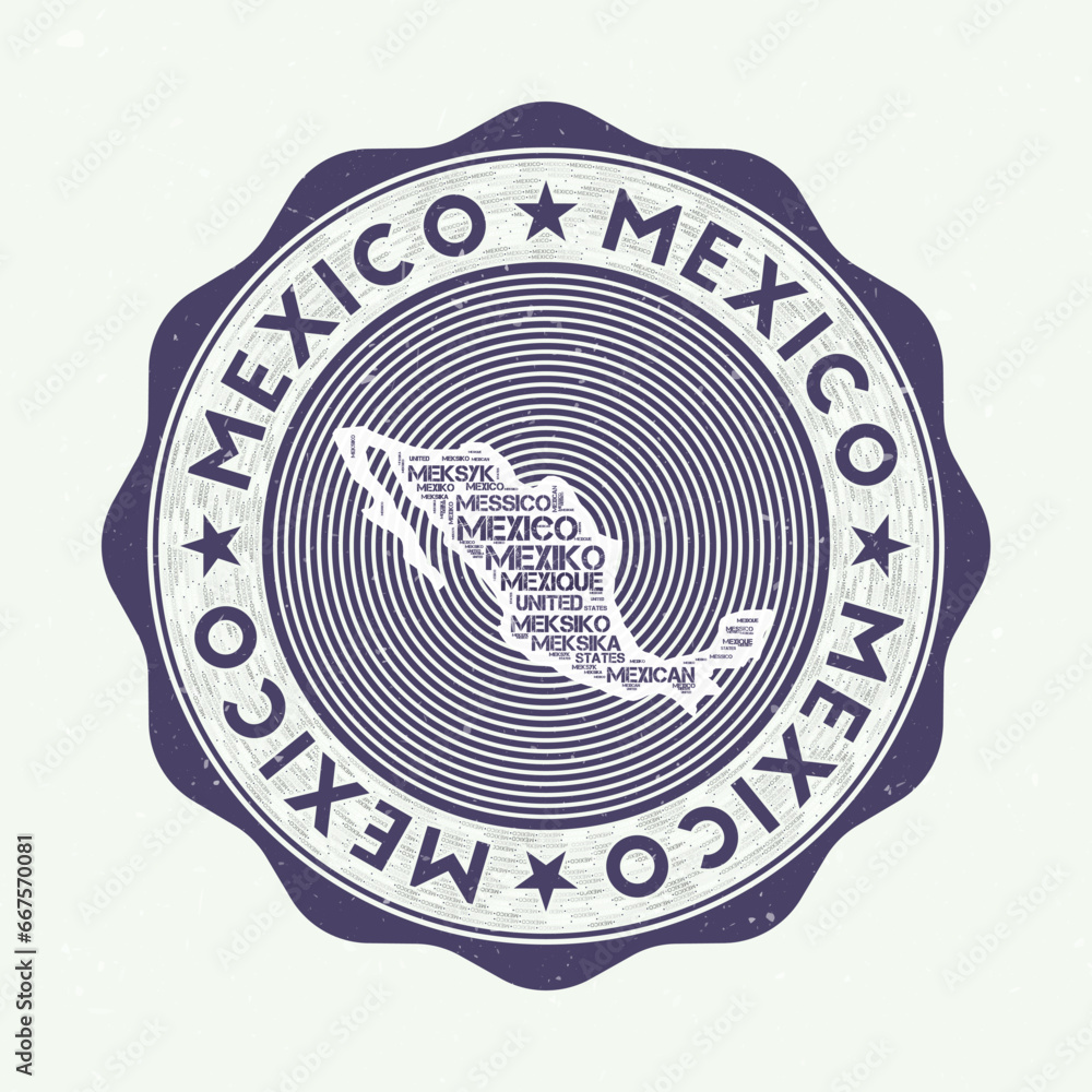 Mexico seal. Country round logo with shape of Mexico and country name ...