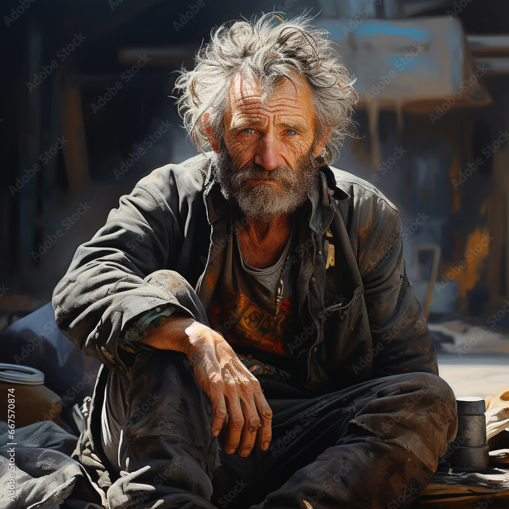 Portrait of homeless old man in grey jacket sitting on the dirty street ...