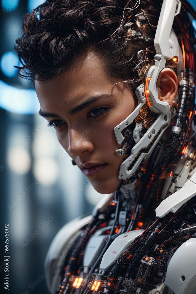 Young man detailed cyborg with mechanisms and wires in head against ...