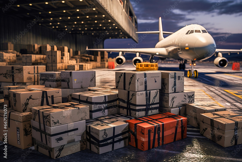 Military personnel at the airfield load boxes and containers with ...