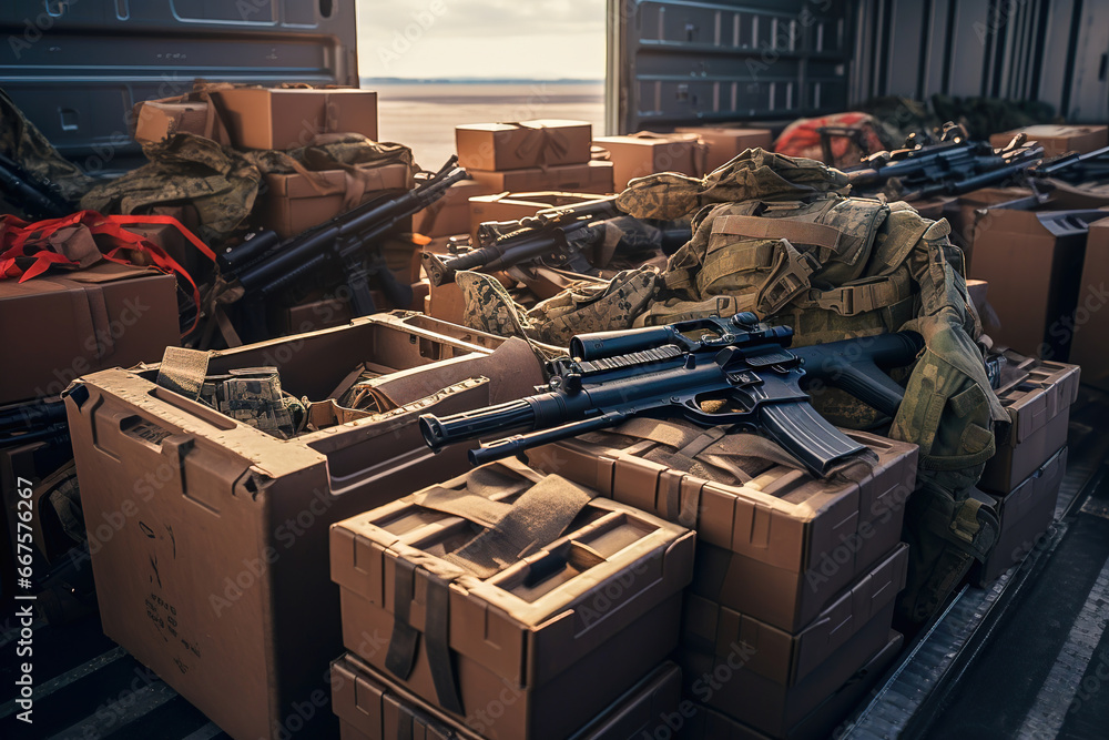 Military personnel at the airfield load boxes and containers with ...
