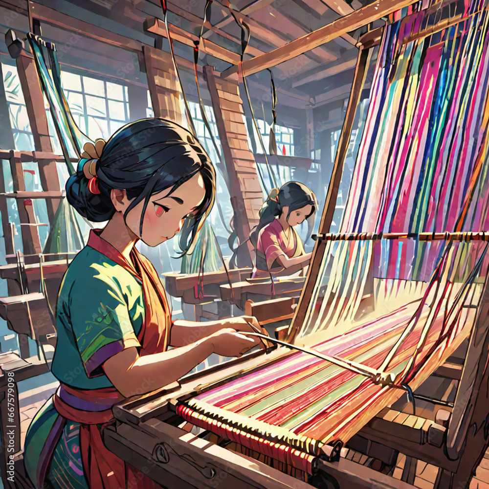 The local woman weaving the lotus cloth with the handloom at the local ...