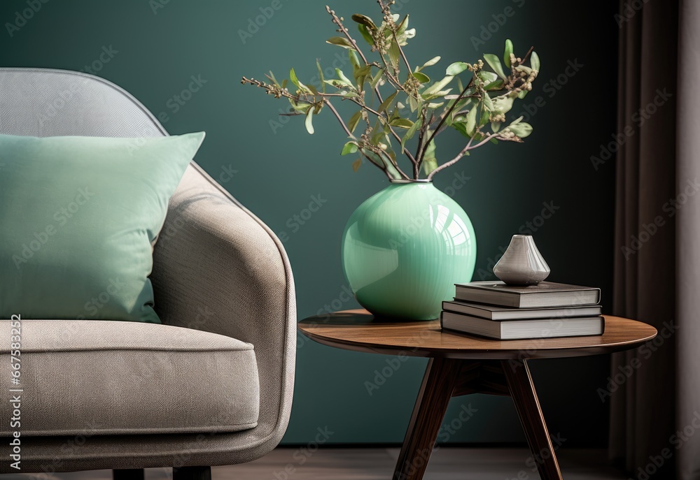 Green aesthetic minimalistic interior design, furniture, nature ...