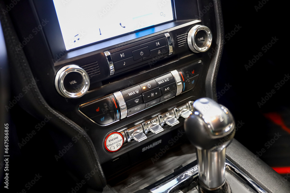 start stop button a car engine Ford Mustang interior detail Stock Photo ...