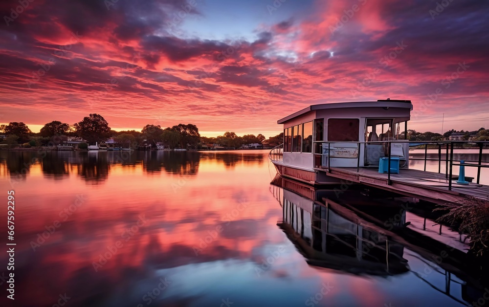 reality photo Sunrise over the Matilda Bay houseboat on the Swan River ...