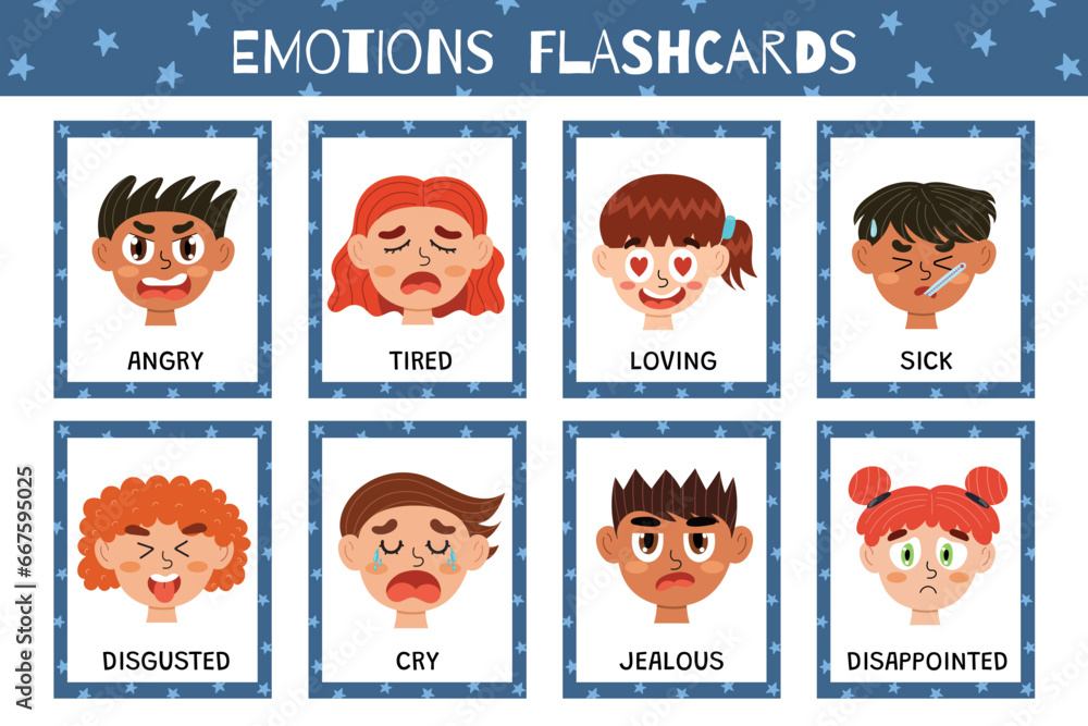 Emotions flashcards collection. Flash cards set with cute kids ...