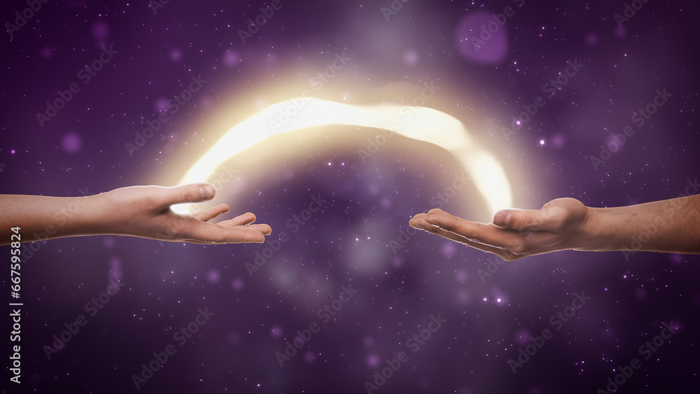 Visualization Of Two Hands Exchanging Bright Yellow Stream Of Magical ...