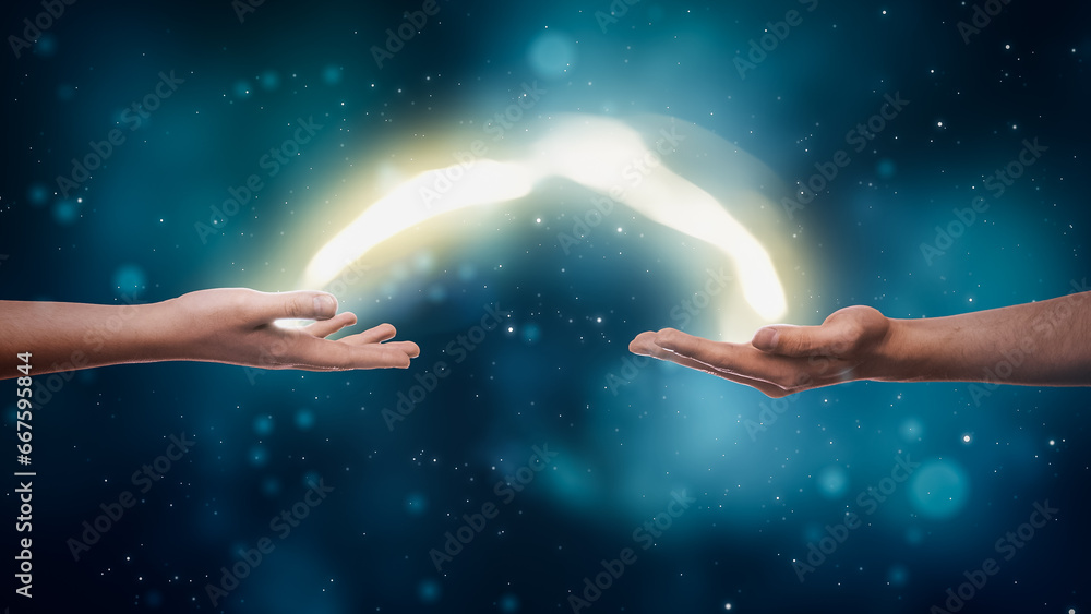 Visualization Of Two Hands Exchanging Bright Yellow Stream Of Magical ...
