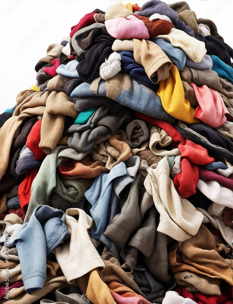 A towering pile of old used clothes symbolizes recycling, climate ...