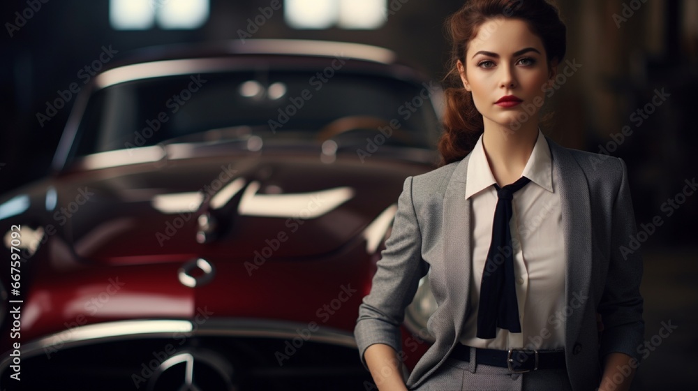 A sophisticated model in a business suit, leaning against a classic ...