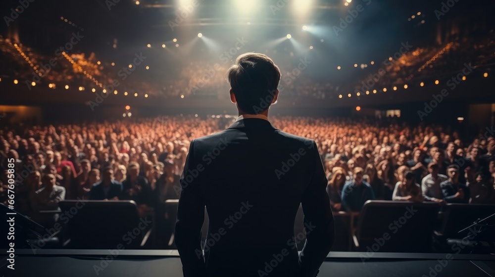 Motivational speaker standing on stage in front of audience for ...