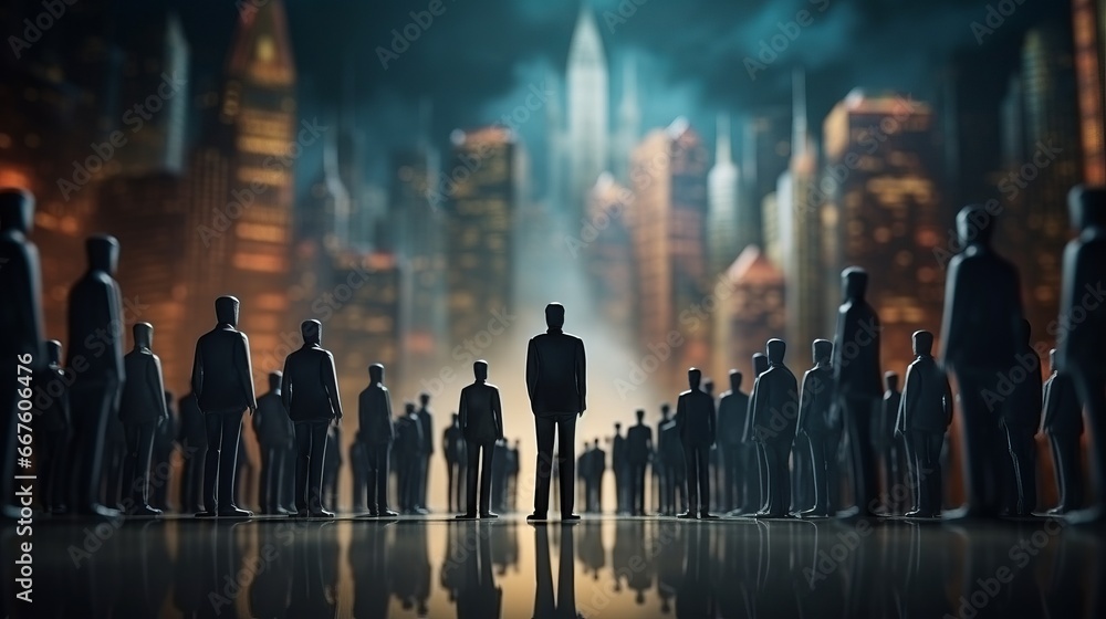 Silhouettes of businessmen in suits against backdrop of metropolis ...