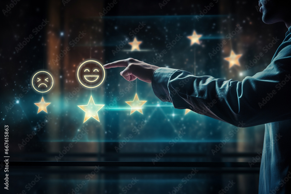 Star hand touch, Hand finger tip pointing towards happy face icon with ...