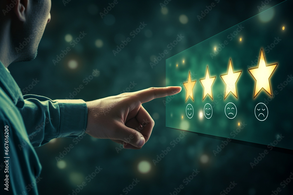 Hand pressing 4 star on visual screen and positive customer feedback ...