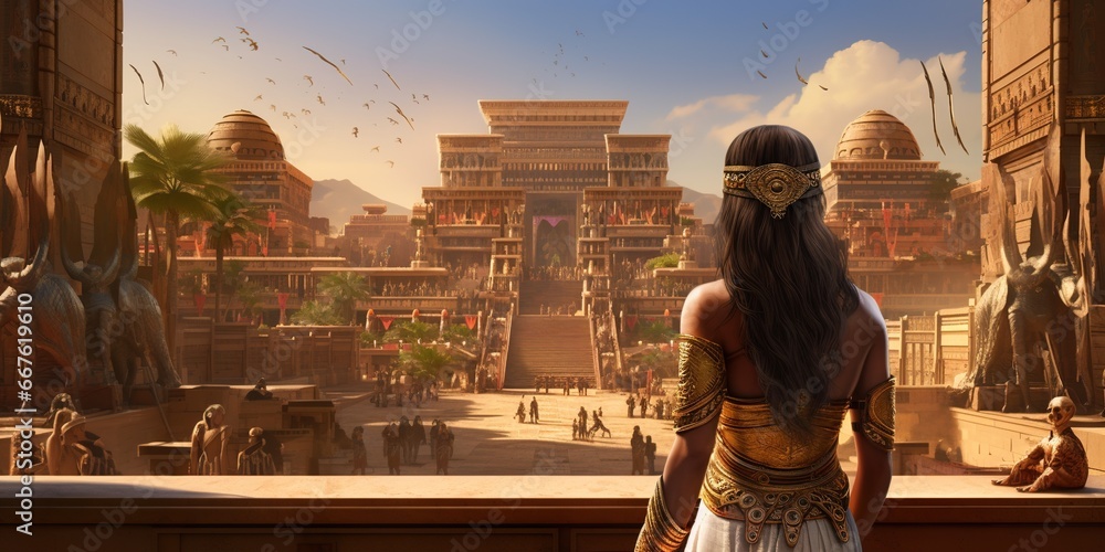 A confident Cleopatra overseeing the construction of a new temple, her ...
