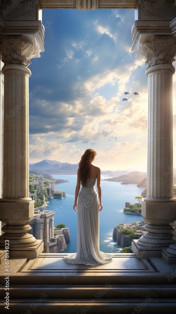 A contemplative Cleopatra stands at the balcony of her palace, the vast ...