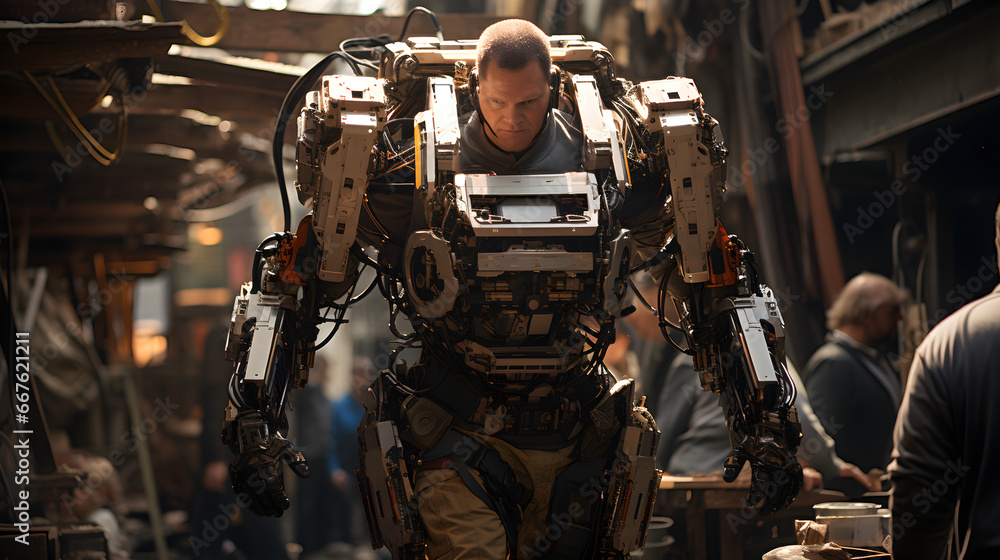 Worker Wearing Advanced Full Body Powered exoskeleton to lift heavy ...